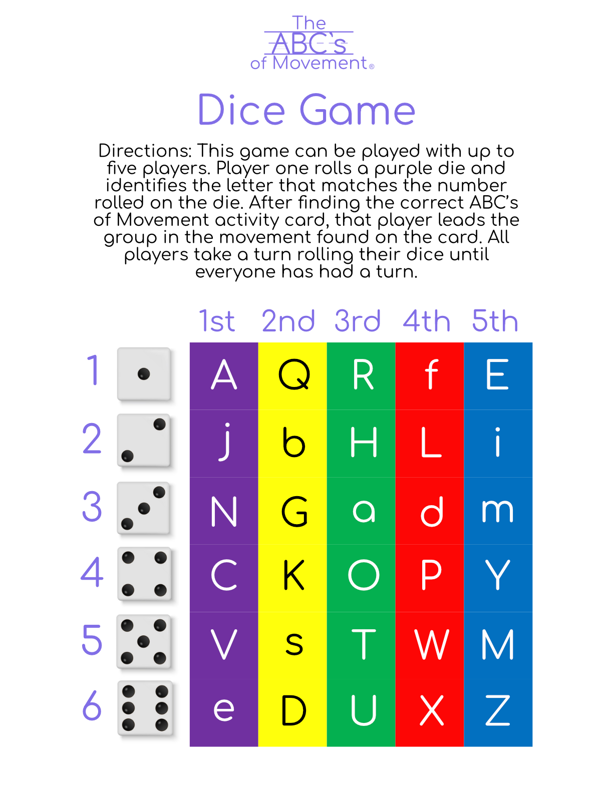 Dice Game Freebie - ABC's of Movement